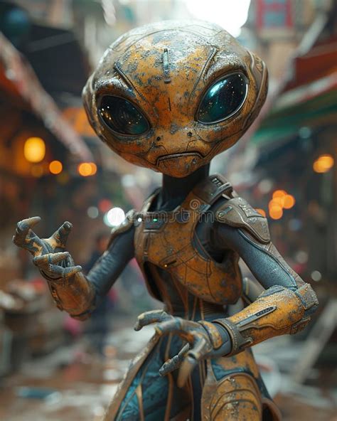 A Cute Alien Figure In Futuristic Attire With Blurred Background Stock