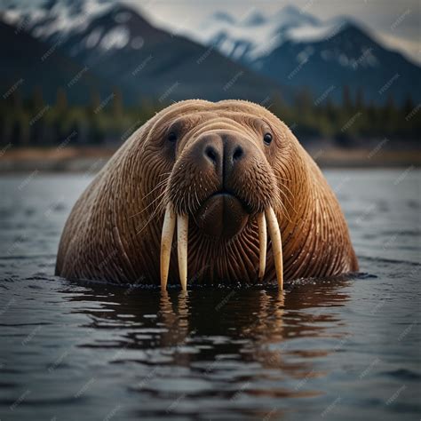 A Large Brown Walrus With Long Tusks Sticking Out Of The Water