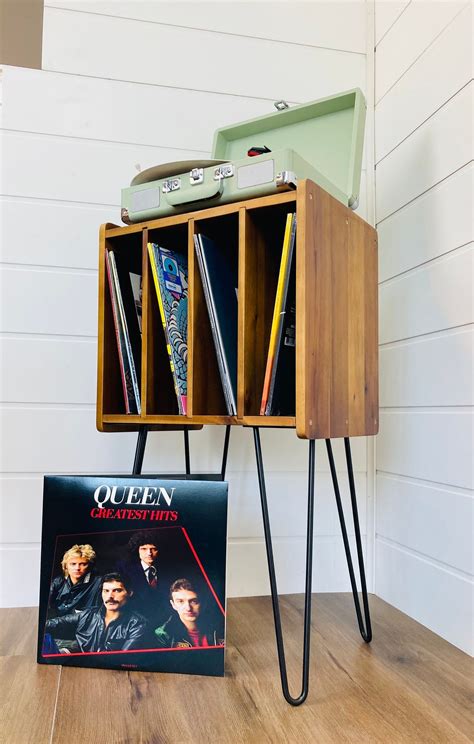 Vintage Style Record Player Stand Handcrafted Wood And Metal Stand