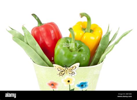 Green Beans With Yellow Green And Red Peppers On A White Background Stock Photo Alamy