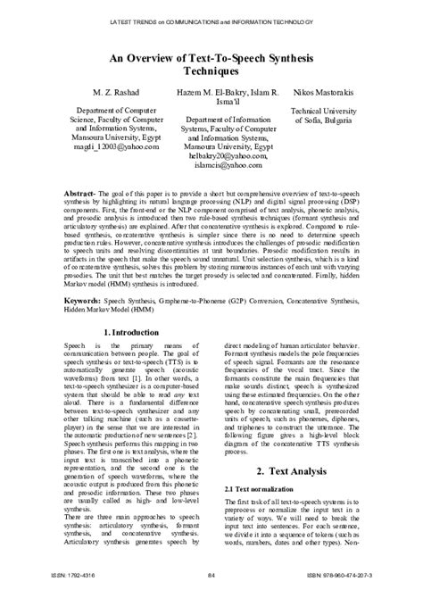 Pdf An Overview Of Text To Speech Synthesis Techniques