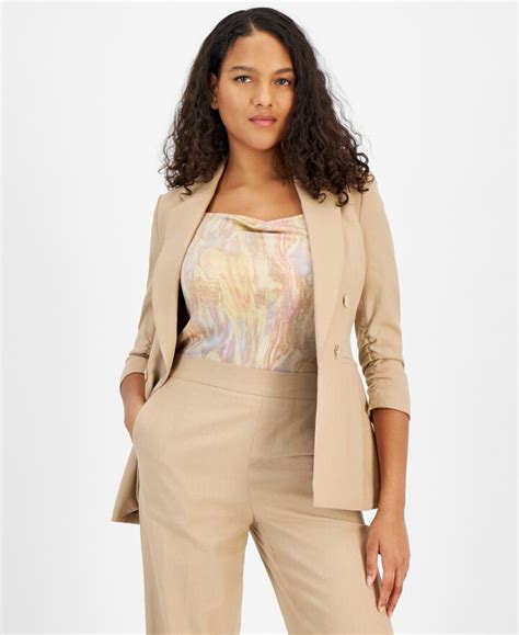 Bar Iii Womens Faux Double Breasted Linen Blend Ruched Sleeve Blazer