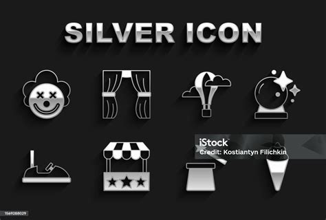 세트 티켓 매표소 매직 볼 와플 콘 아이스크림 모자와 지팡이 범퍼카 열기구 광대 머리 서커스 커튼이 아이콘을 올립니다 벡터 검은