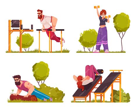 Free Vector Workout Cartoon Composition Set With Males And Females