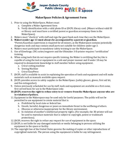 Fillable Online Makerspace Policies And Agreement Form Fax Email Print Pdffiller