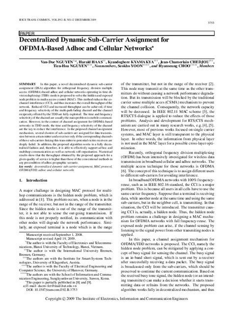 Pdf Decentralized Dynamic Sub Carrier Assignment For Ofdma Based Adhoc And Cellular Networks
