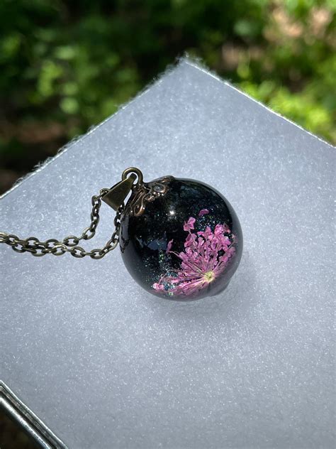 Pink Queen Annes Lace Resin Pendant Black Orb Necklace Etsy