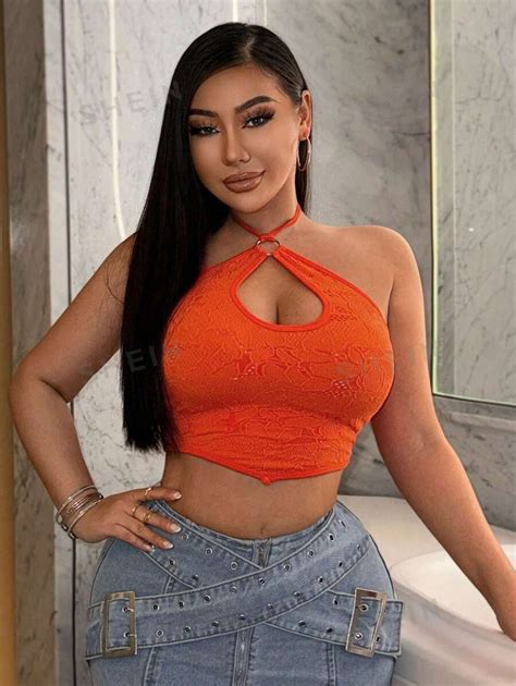 Shein Sxy Fashionable Womens Sexy Orange Knitted Jacquard Concave And