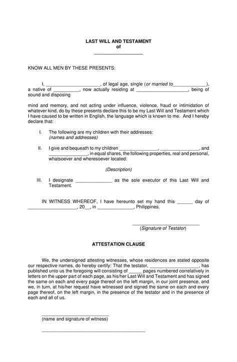Free Printable Last Will And Testament Templates Pdf Word