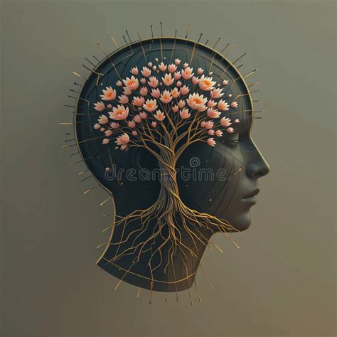 Flourishing Mind With Blooming Tree Inside Head Silhouette Stock