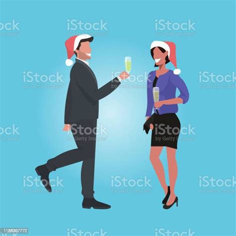 산타 모자에 사업가 기업 파티 비즈니스 사람들 커플 마시는 샴페인 크리스마스 휴일 축 하 축 하 개념 전체 길이 사람들에 대한