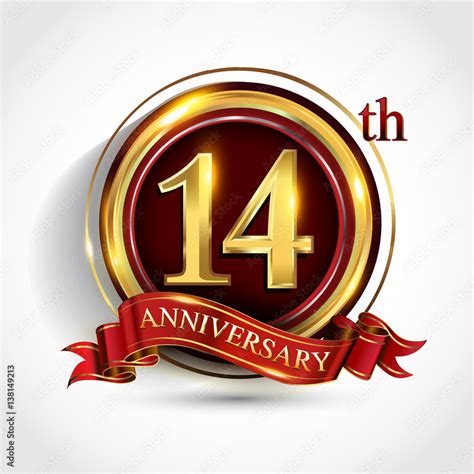 14th Anniversary Logo With Ring And Ribbon Golden Colored Isolated On