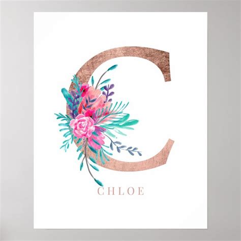 Letter C Monogram Pink Floral Rose Gold Nursery Floral Poster Rose