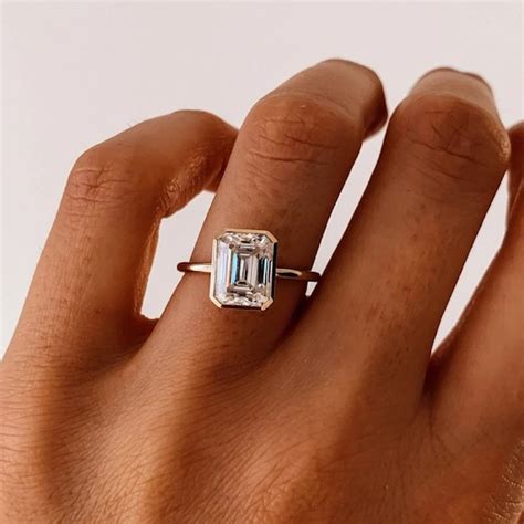 Emerald Bezel Diamond Engagement Ring Solitaire Emerald Ring Etsy