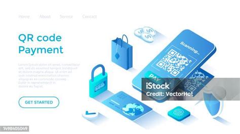 Qr 코드 결제 휴대폰은 Qr 코드를 스캔합니다 스마트폰 화면의 바코드 상품 및 서비스에 대한 빠른 현금 없는 결제 아이소메트릭 그림입니다 흰색 배경에 웹을 위한 랜딩