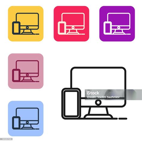 흰색 배경에 격리 된 검은 줄 컴퓨터 모니터와 휴대 전화 아이콘 인터넷 마케팅의 수익 색상 정사각형 단추로 아이콘을 설정합니다 벡터 Lcd에 대한 스톡 벡터 아트 및 기타