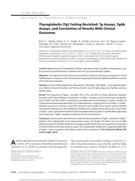 Pdf Thyroglobulin Tg Testing Revisited Tg Assays Tgab Assays And