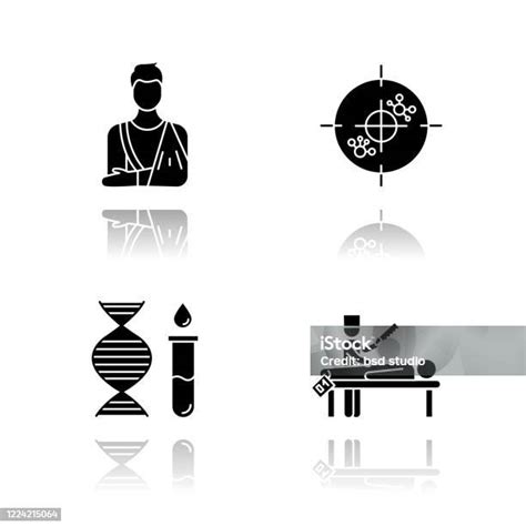 의료 절차 드롭 그림자 검은 색 문립 아이콘 세트 정형 외과 캐스트 골절 된 뼈 면역 요법 유전자 검사 Dna 분자 부검 진단