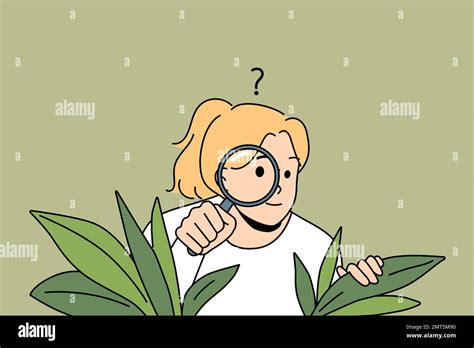 Curious Young Woman With Magnifying Glass Hide In Bushes Spy After