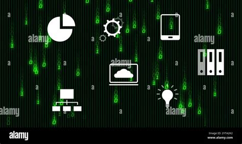 Technology Icons Including Pie Chart And Light Bulb Over Binary Code