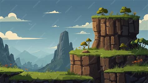 Platformer Game Background With Grassy Cliffs And Clear Sky 2d Style