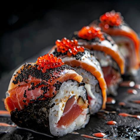 Maki Sushi Roll Set Nori Maki Rolls With Raw Trout Caviar Rice