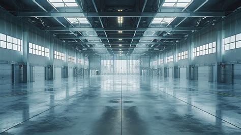 Generative Ai Shot Of A Lit Empty Warehouse With Gray Concrete Floor White Metall Wals And Steel