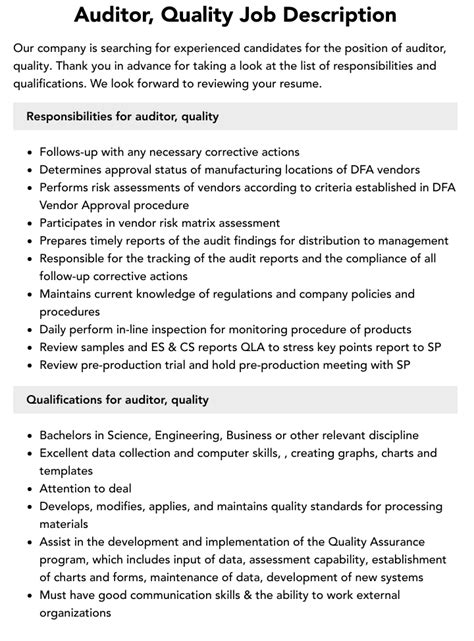 Auditor Quality Job Description Velvet Jobs