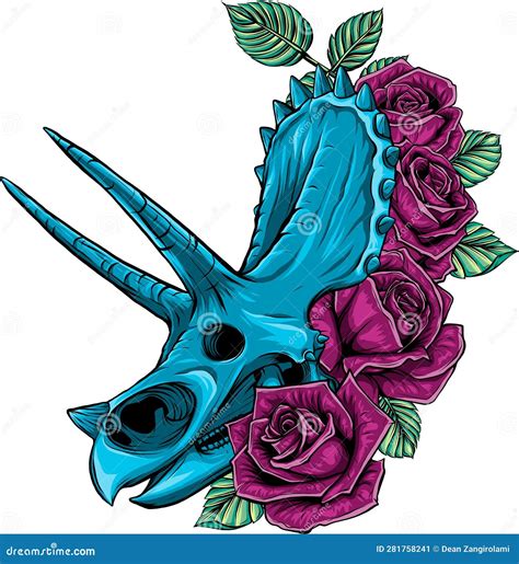 Triceratops Skull Drawing With Rose On White Background Stock Image