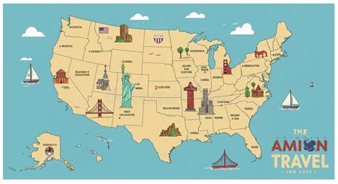 Illustrated Map Of The United States Depicting Iconic Landmarks And Symbols For Each Stock