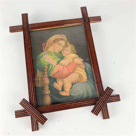 Vintage Madonna Della Seggiola Raphael Print Tramp Art Frame Mary Jesus