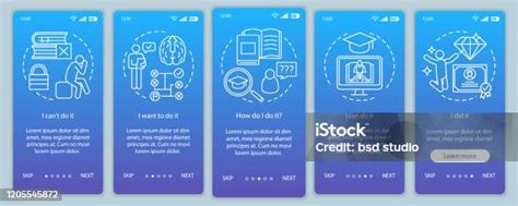 선형 개념으로 모바일 앱 페이지 화면을 온보딩하는 교육 동기 부여 성공의 길 커리어스트 유피 워크홀릭 그래픽 지침 단계입니다 Ux Ui 그림이 있는 Gui 벡터 템플릿 5에