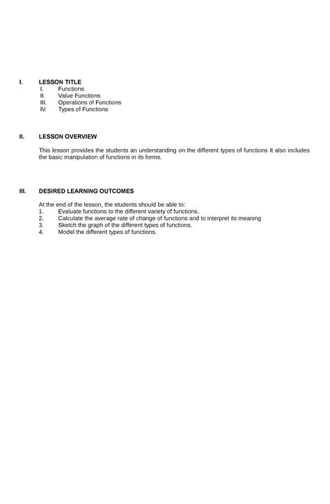 Diff Calculus Module 1 I Lesson Title I Functions Ii Value Functions Iii Operations Of