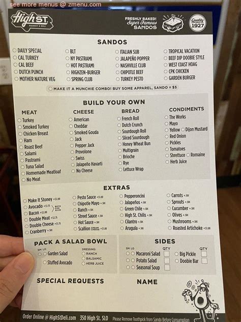 Menu At High Street Market And Deli Restaurant San Luis Obispo