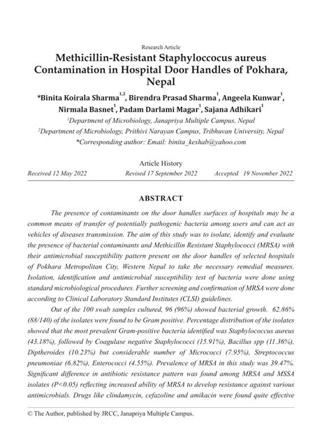Pdf Methicillin Resistant Staphyloccocus Aureus Contamination In Hospital Door Handles Of