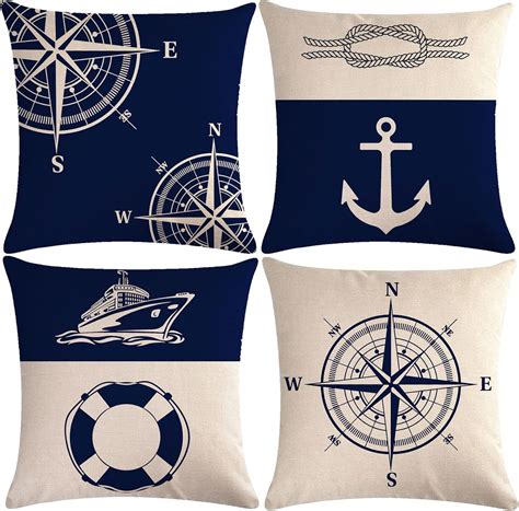 7colorroom Set Of 4 Nautical Navy Blue Throw Pillow Covers