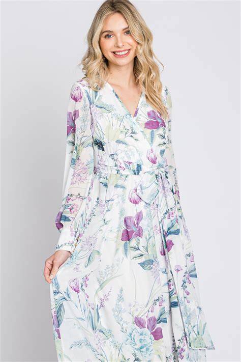 White Floral Chiffon Long Sleeve Pleated Maxi Dress Pinkblush
