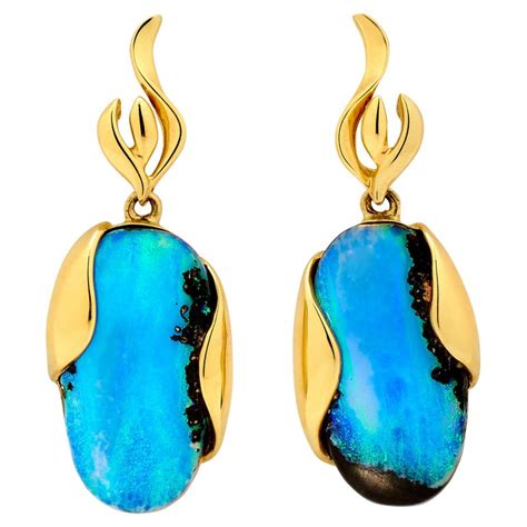 Natural Australian 12 37ct Boulder Opals Dangle Earrings In 18k Yellow
