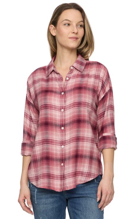 Threadgrit Ladies Joanie Boyfriend Pink Plaid Long Sleeve Button Up Shirt