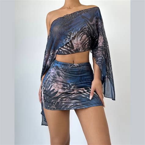 Mesh Long Sleeve Off Shoulder Print Mini Skirt Set Halibuy