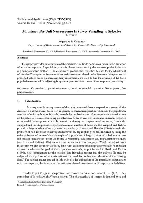 Pdf Unit Non Response Adjustment In Survey Sampling Estimators