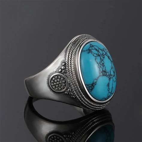 Natural 10x14mm Oval Turquoise Rings Silver Ring For Men Women Luxury