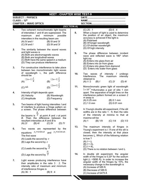 9 Wave Optics Question Pdf Diffraction Wavelength