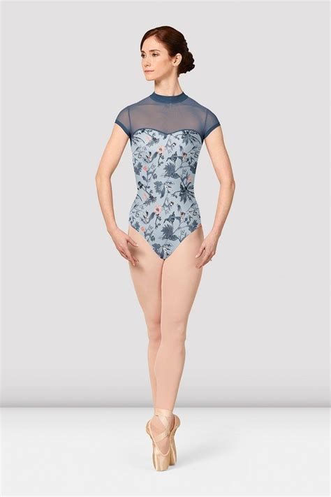 Ladies Mirella Jasmine Print Cap Sleeve Mesh Back Leotard Blue Bloch