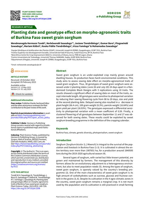 Pdf Planting Date And Genotype Effect On Morpho Agronomic Traits Of Burkina Faso Sweet Grain
