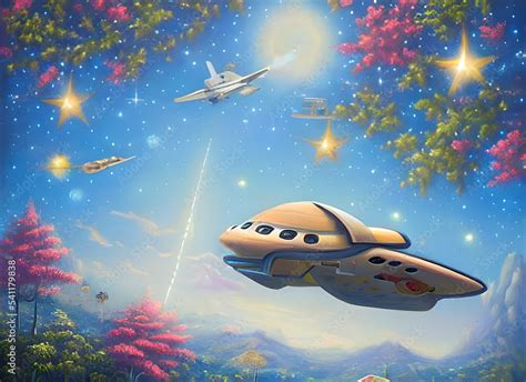 Astronomy Cosmos Star Ship Flying Cartoon Sky Moon Alien Stars Travel