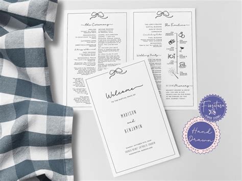 Catholic Wedding Nuptial Mass Folded Program With Timeline Black White Hand Drawn Cute Bow