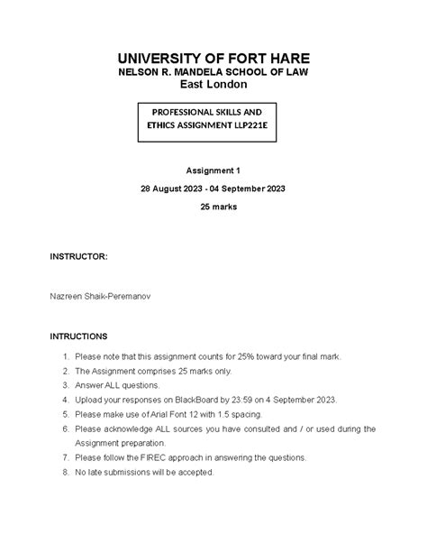 Professionalism Assignment University Of Fort Hare Nelson R Mandela