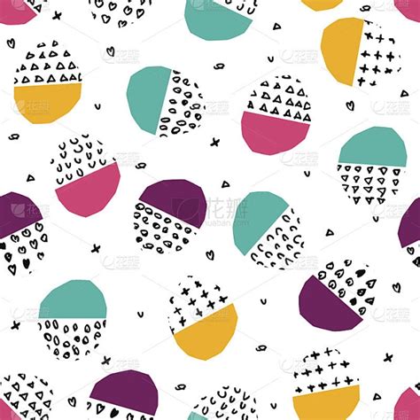 矢量彩色无缝模式与画笔点，笔画，圆圈和笔画。彩虹色的白色背景。手绘的田庄纹理。墨水的几何元素。时尚现素材 花瓣网