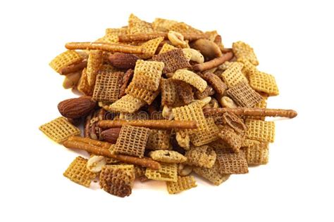A Serving Of Homemade Cereal Nut And Prezel Trail Mix Isolated On A